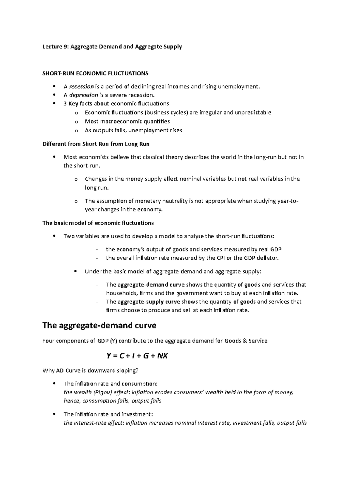 Aggregate Demand & Supply: Lecture 9 Overview (Econ 101) - Studocu