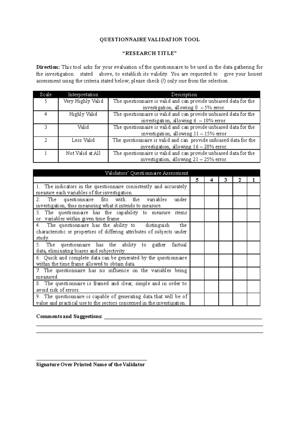 Questionnaire Validation Tool for Research Data Gathering - Studocu