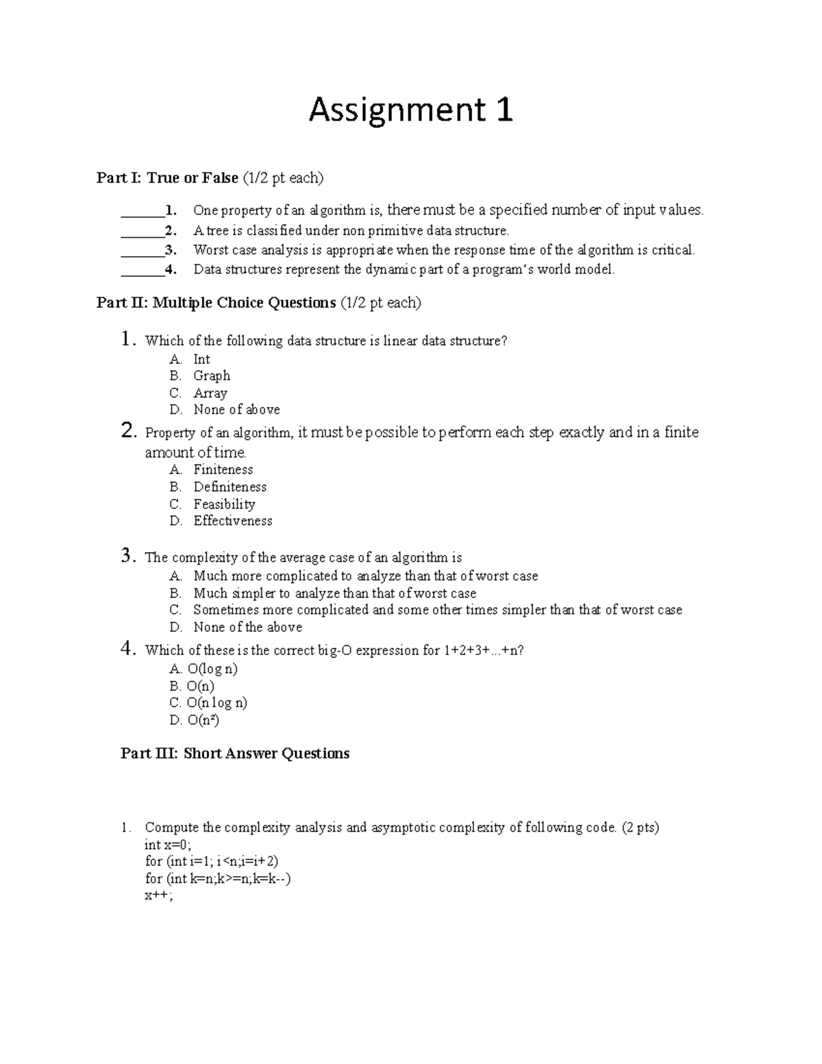 Assignment 1 of chapter 1(Introduction to data structure and algorithm ...