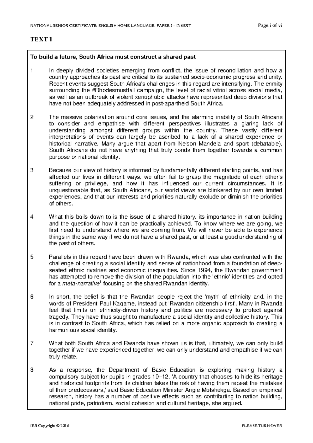 English HL IEB NSC Grade 12 Past Exam Paper 2016 P1 Addendum - Studocu