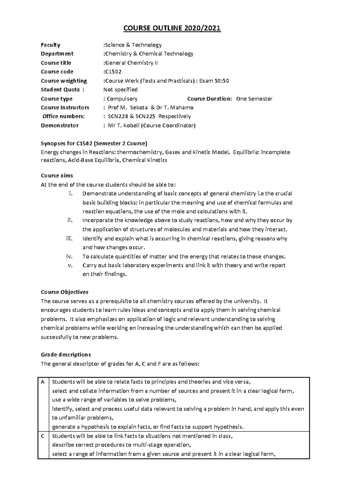 C1502 General Chemistry II Course Outline 2020/2021 - Studocu