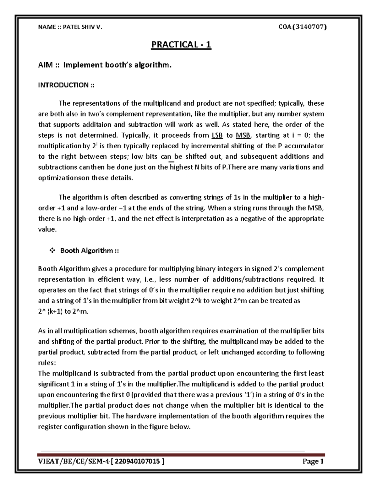 Practical File For Coa Implementing Booths Algorithm And 8085