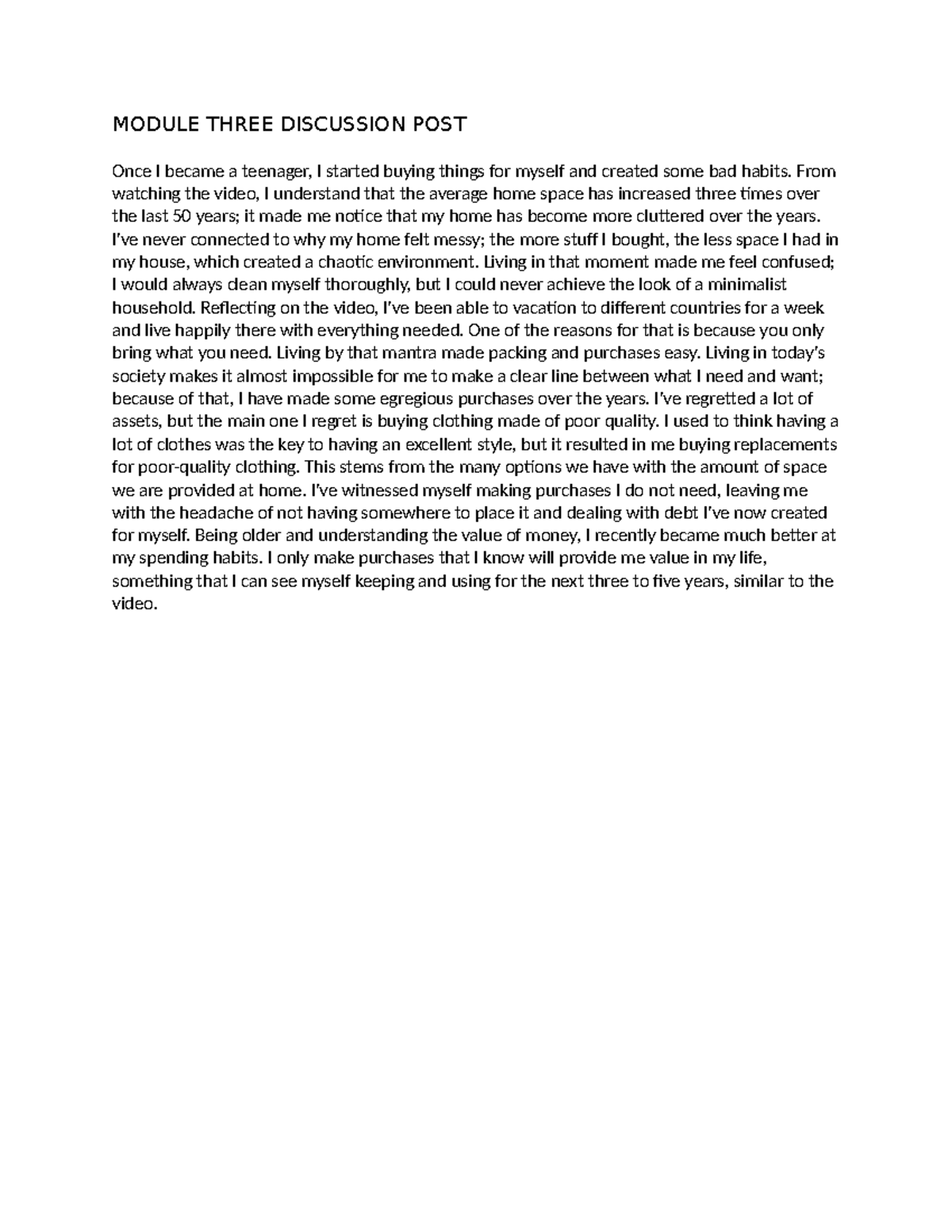 MODULE THREE DISCUSSION POST: Reflections on Spending Habits - Studocu