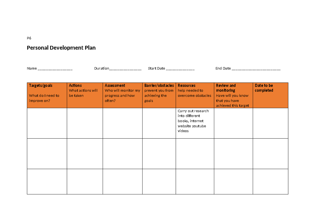 P6 personal development plan - P Personal Development Plan Name ...