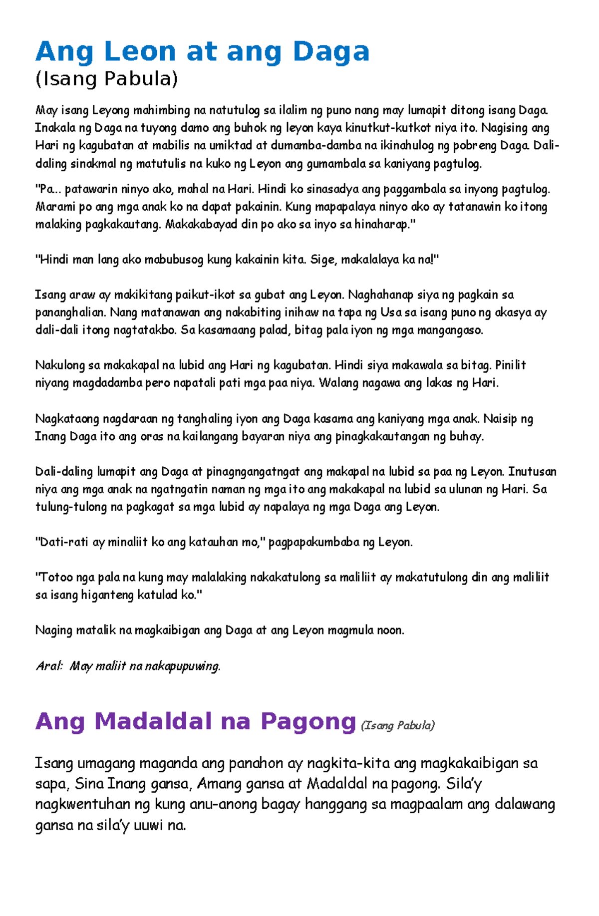 258003672 Pabula: Ang Leon at ang Daga at ang Aral Nito - Studocu