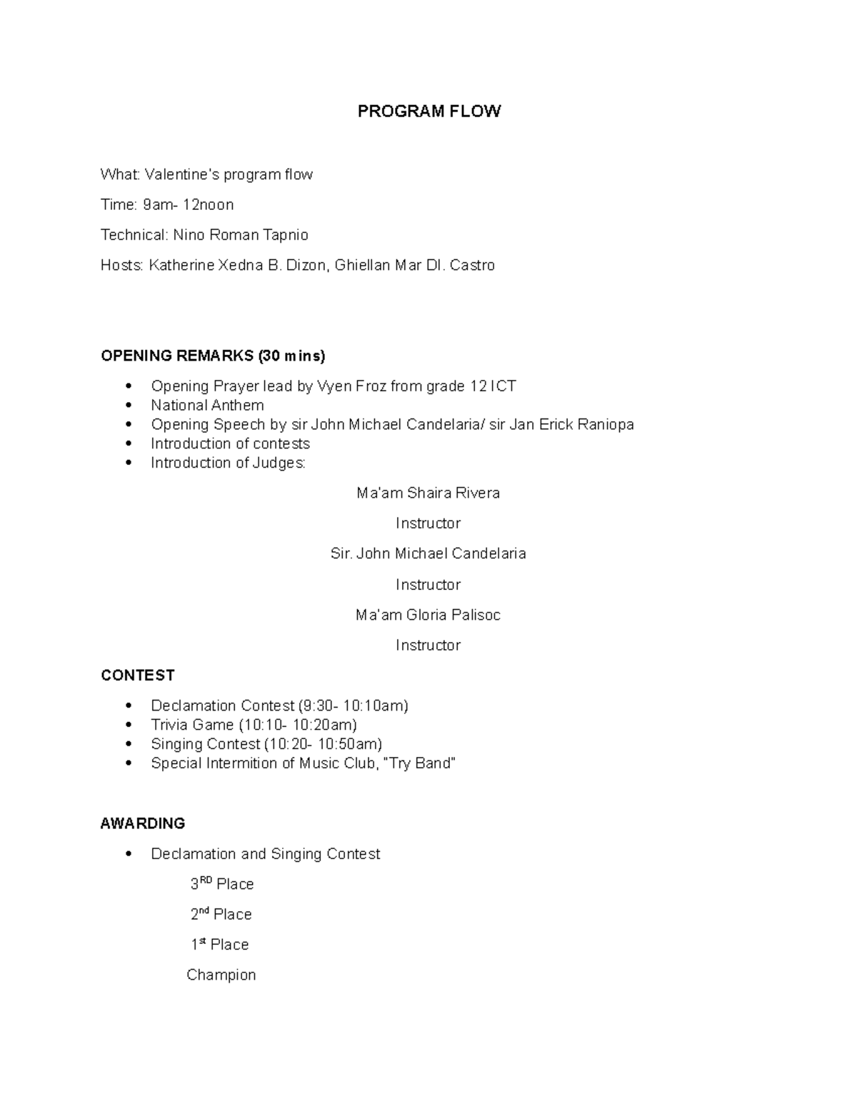 Valentine's Program Flow final - PROGRAM FLOW What: Valentine’s program ...
