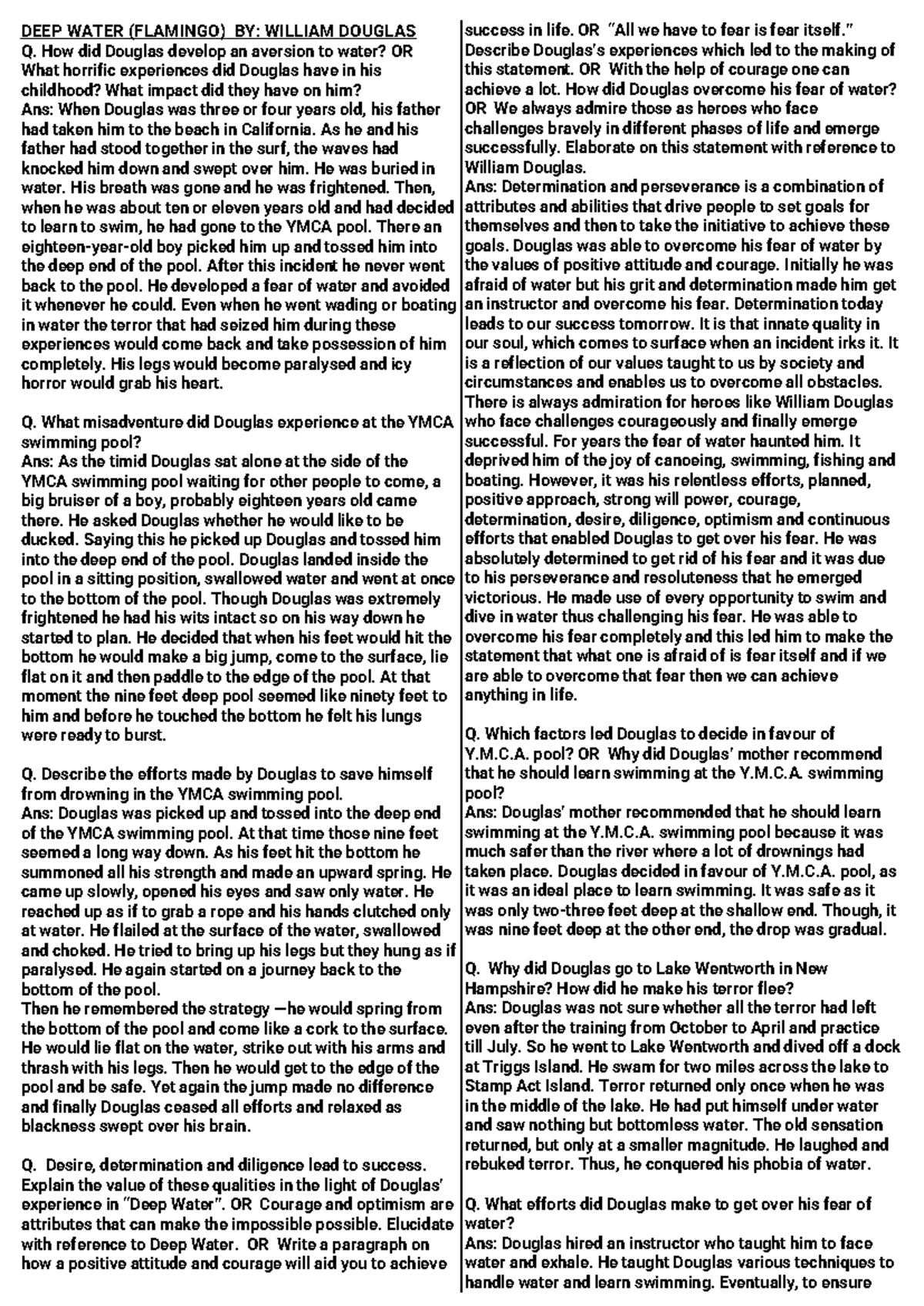 Deep Water (Flamingo) - Key Questions & Literary Analysis - Studocu