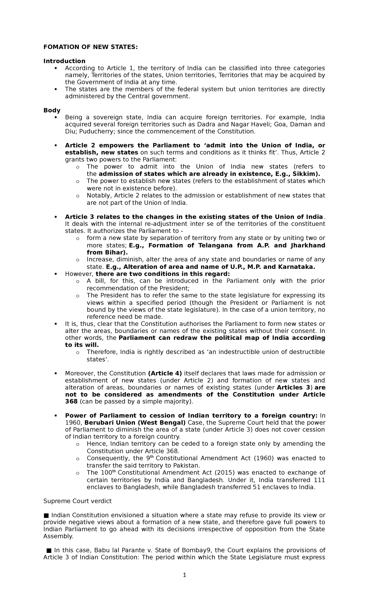 Fomation OF NEW States - required llm notes - FOMATION OF NEW STATES ...