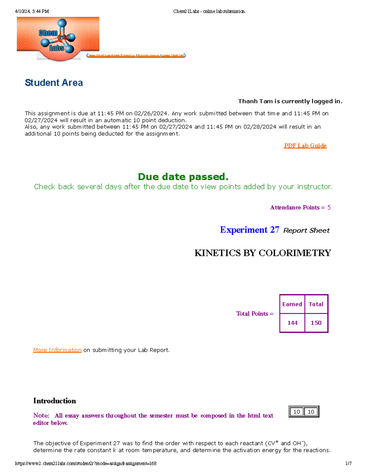 Experiment 27 - Kinetics By Colorimetry Lab Report - Studocu
