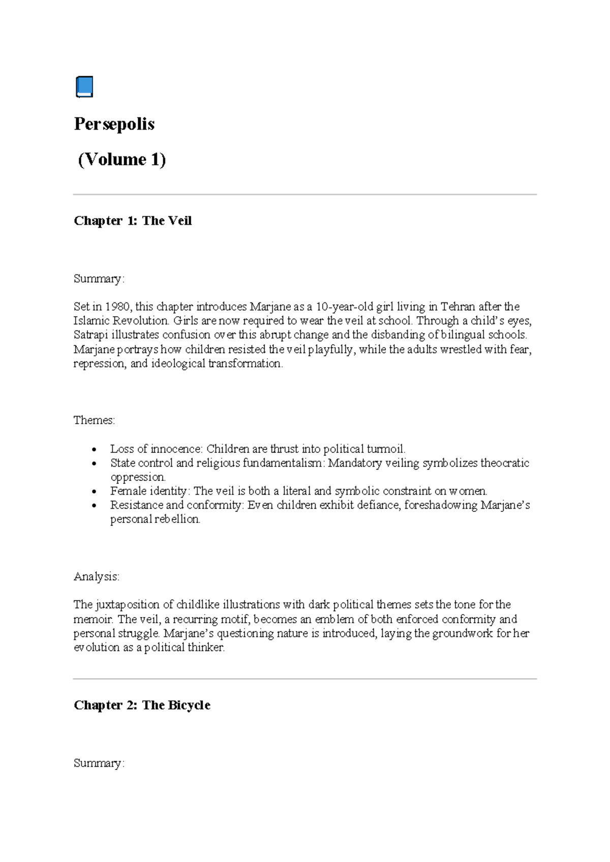 Persepolis (Volume 1) - Key Chapters Summary, Themes & Analysis - Studocu