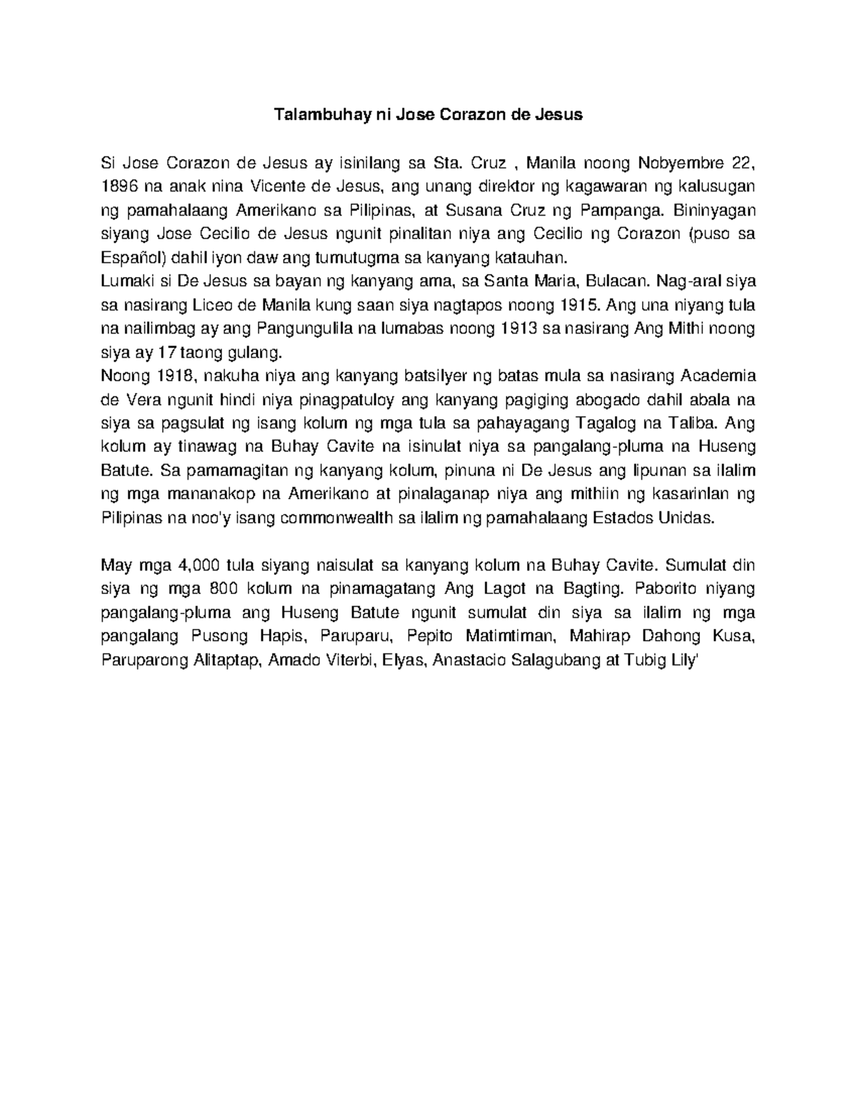 Talambuhay ni Jose Corazon de Jesus: Isang Makapangyarihang Alagad ...