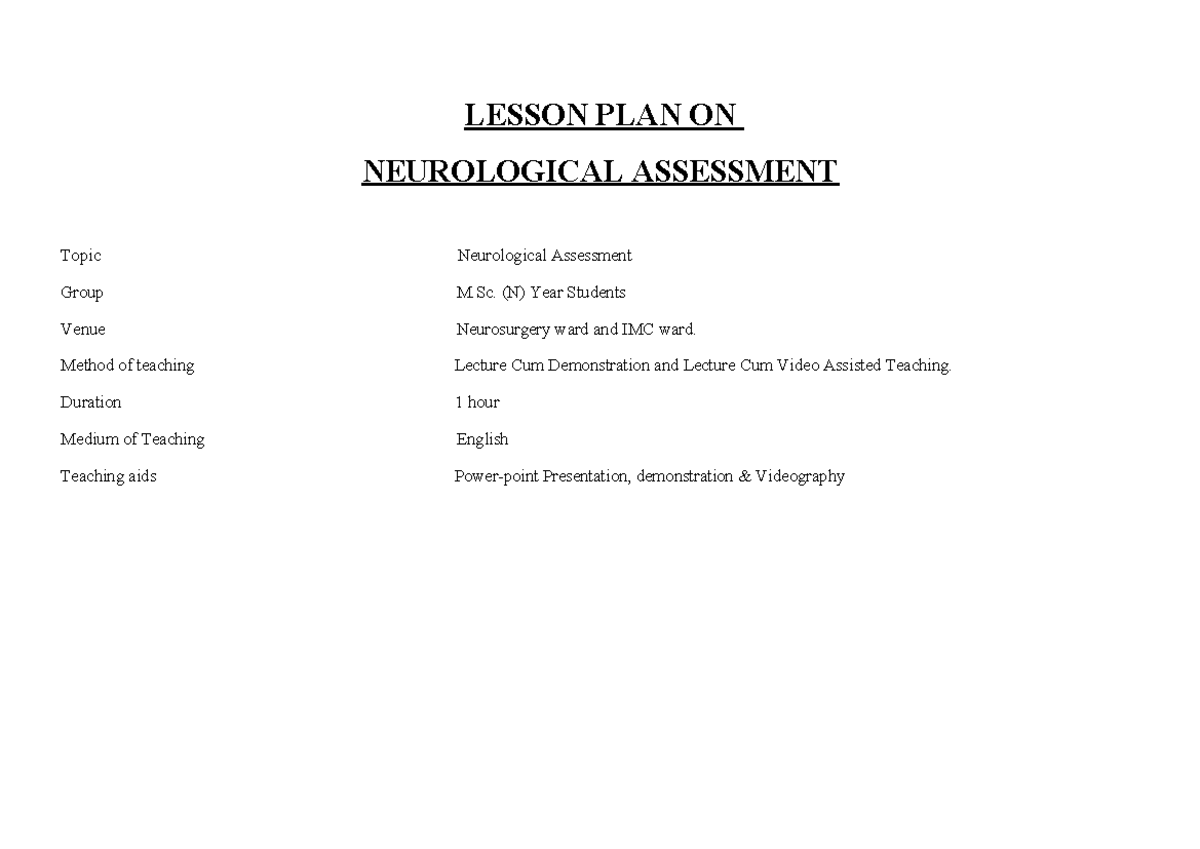 Lesson Plan: Neurological Assessment (Group M. Year Students) - Studocu