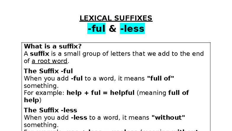 Practice with Suffixes: FUL and LESS - Studocu