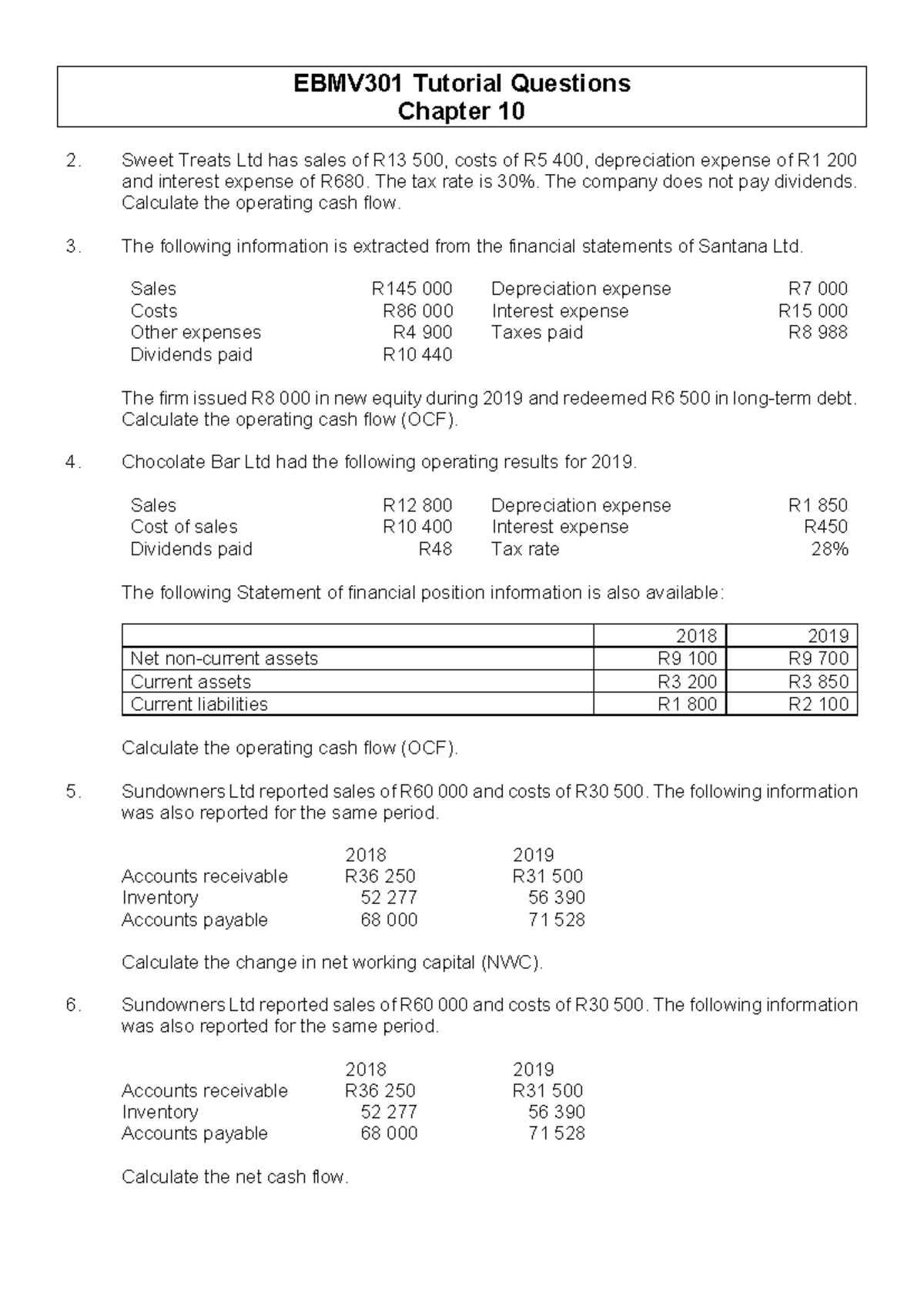 2020 Chapter 10 Questions - EBMV301 Tutorial Questions Chapter 10 Sweet ...