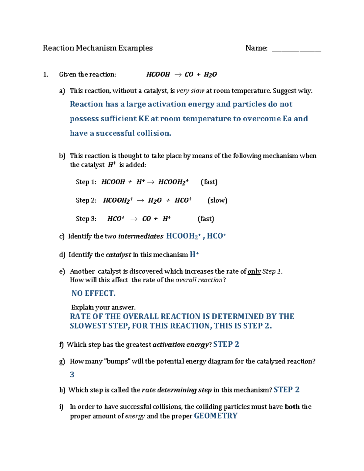 Reaction Mechanism Examples Worksheet for CHM101 - Studocu