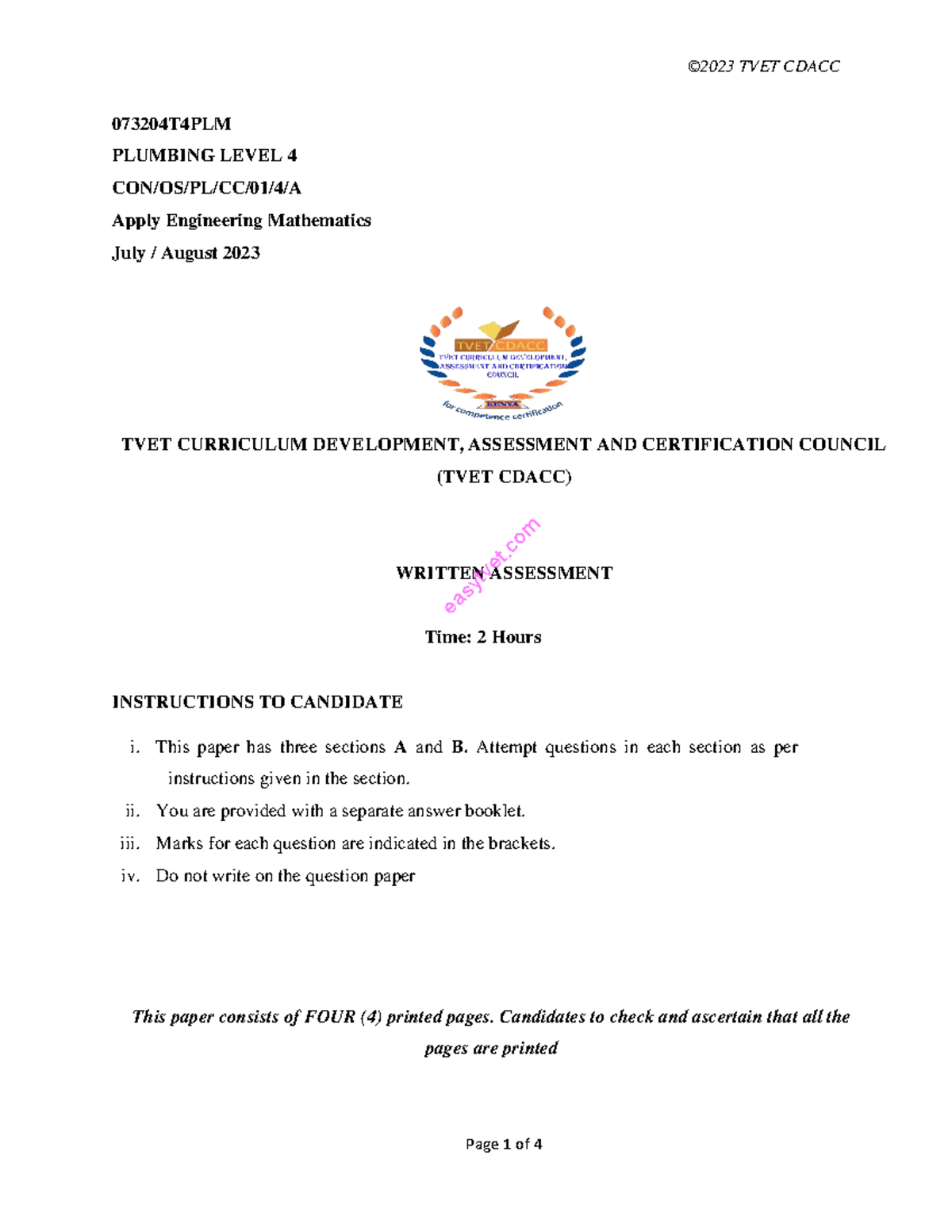 TVET CDACC 073204T4PLM Plumbing Level 4 Engineering Math Exam July-Aug ...