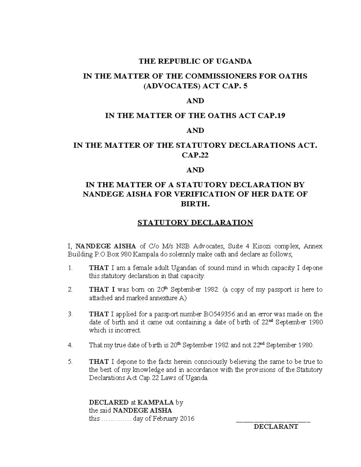 Statutory Declaration of Aisha Nandege for Date of Birth Verification - Studocu