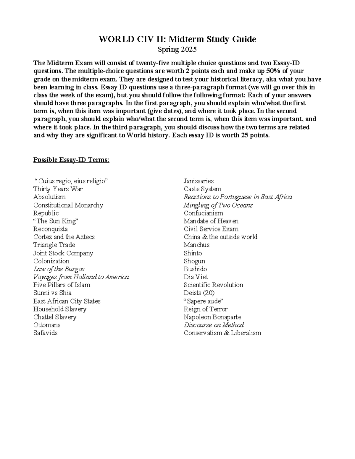 WORLD CIV II: Spring 2025 Midterm Exam Study Guide - Studocu