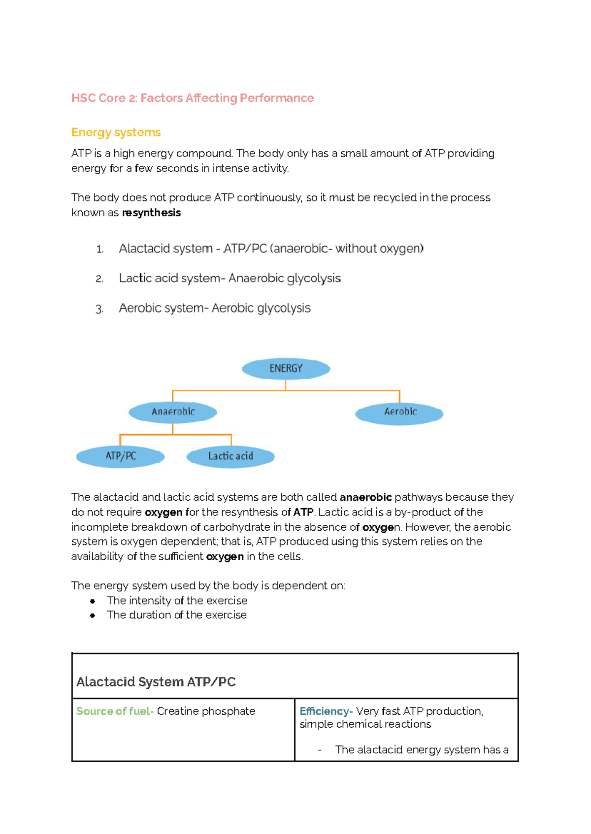 HSC PDHPE Notes: Factors Affecting Performance in Energy Systems - Studocu