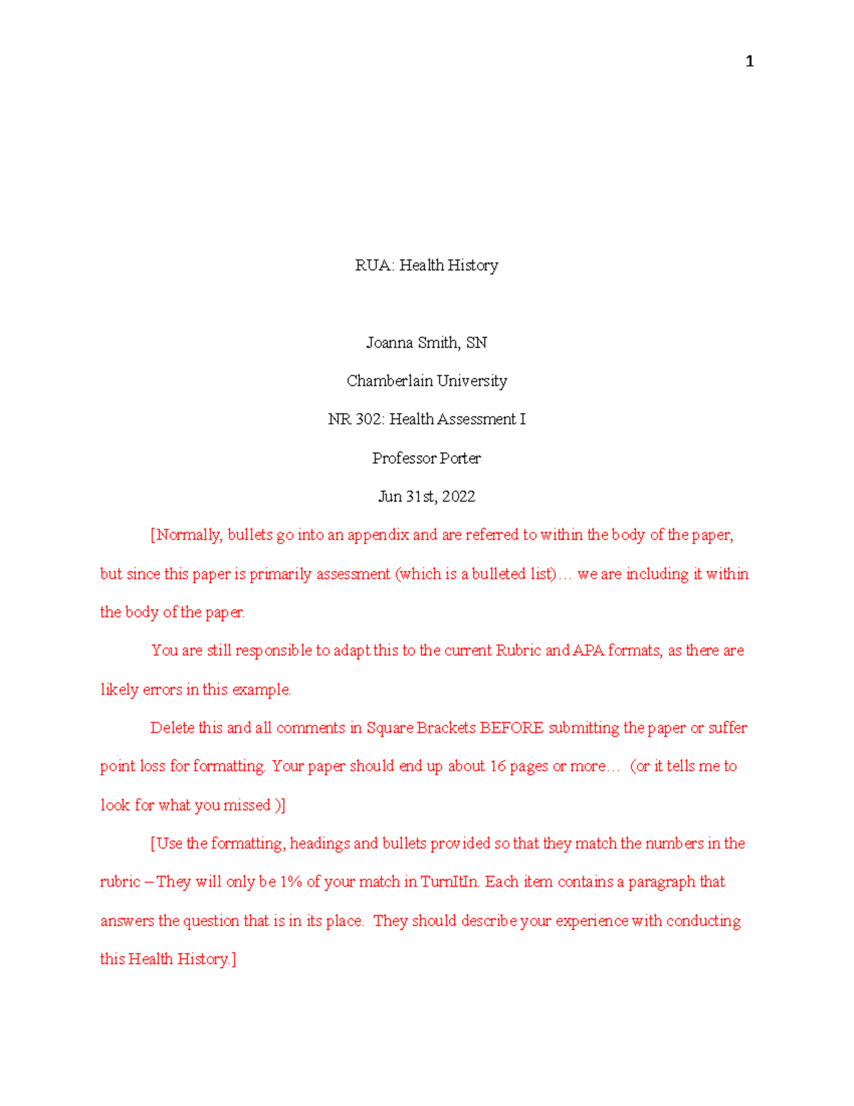 NR 302 RUA - Health History Assessment Example - Studocu