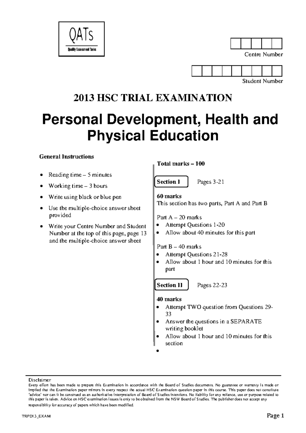 2013 HSC TRIAL EXAMINATION: Personal Development, Health & PE (PDTR ...