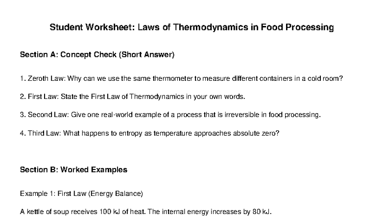 Thermodynamics in Food Processing: Concept Check & Examples - Studocu