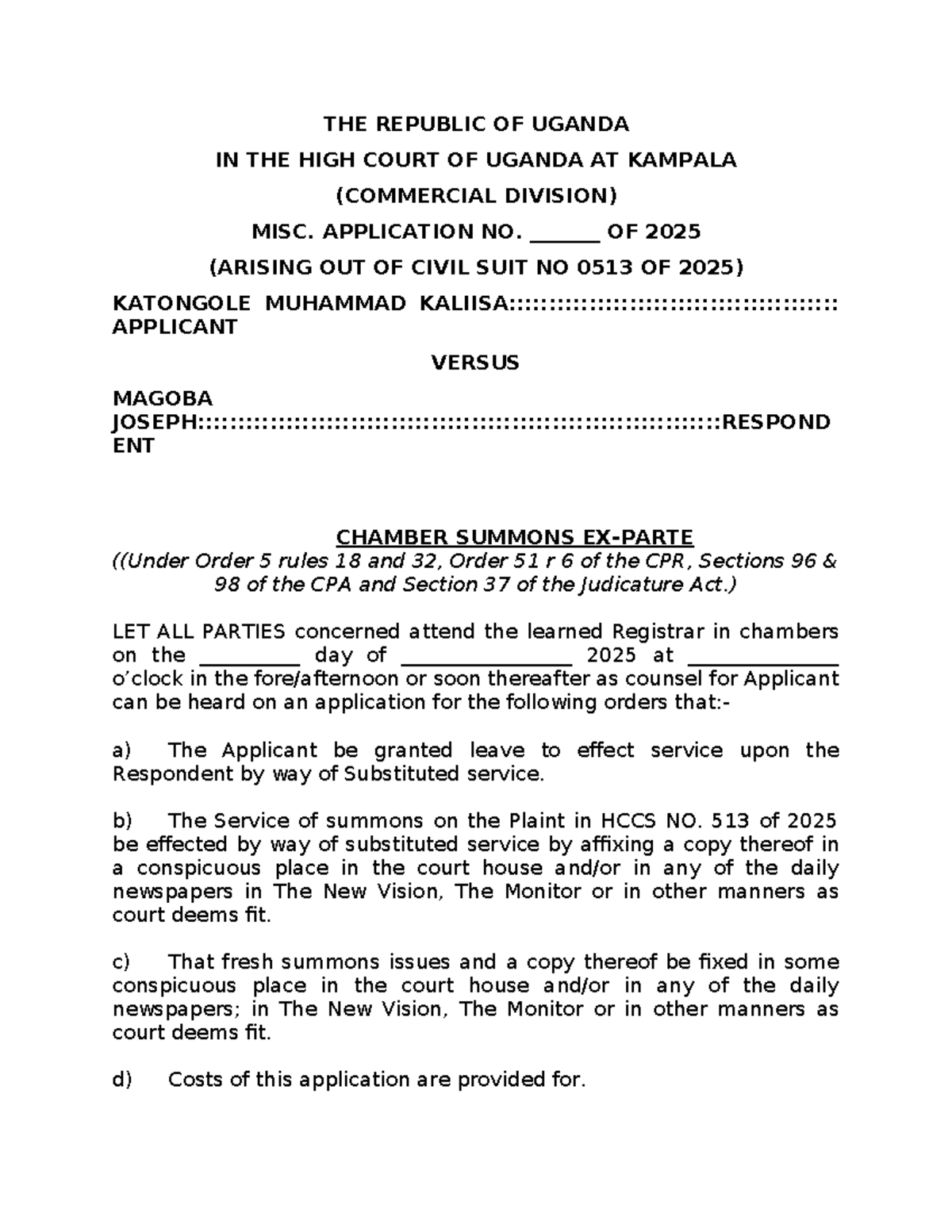 Katongole V Magoba - High Court Misc. Application No. 2025 - Studocu