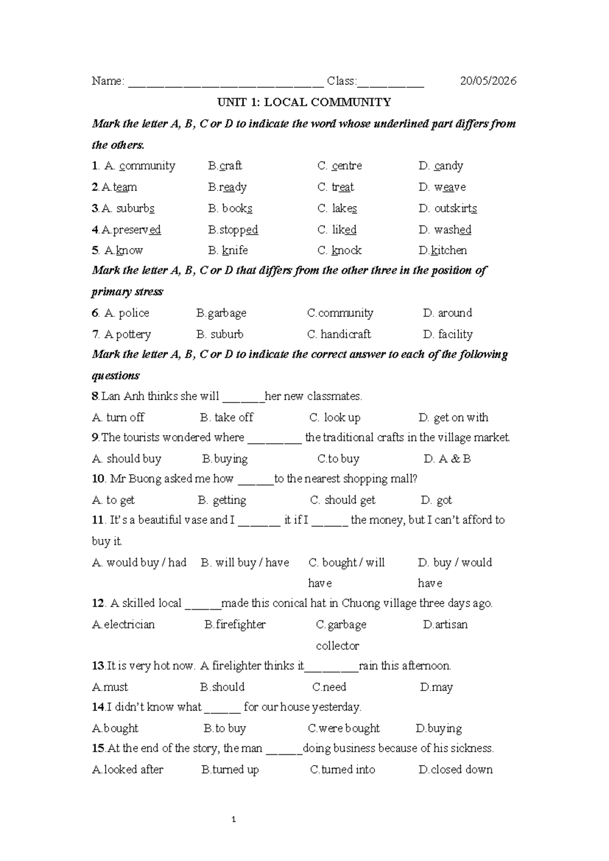 L9 U1 2 - Local Community Vocabulary & Comprehension Exercises - Studocu