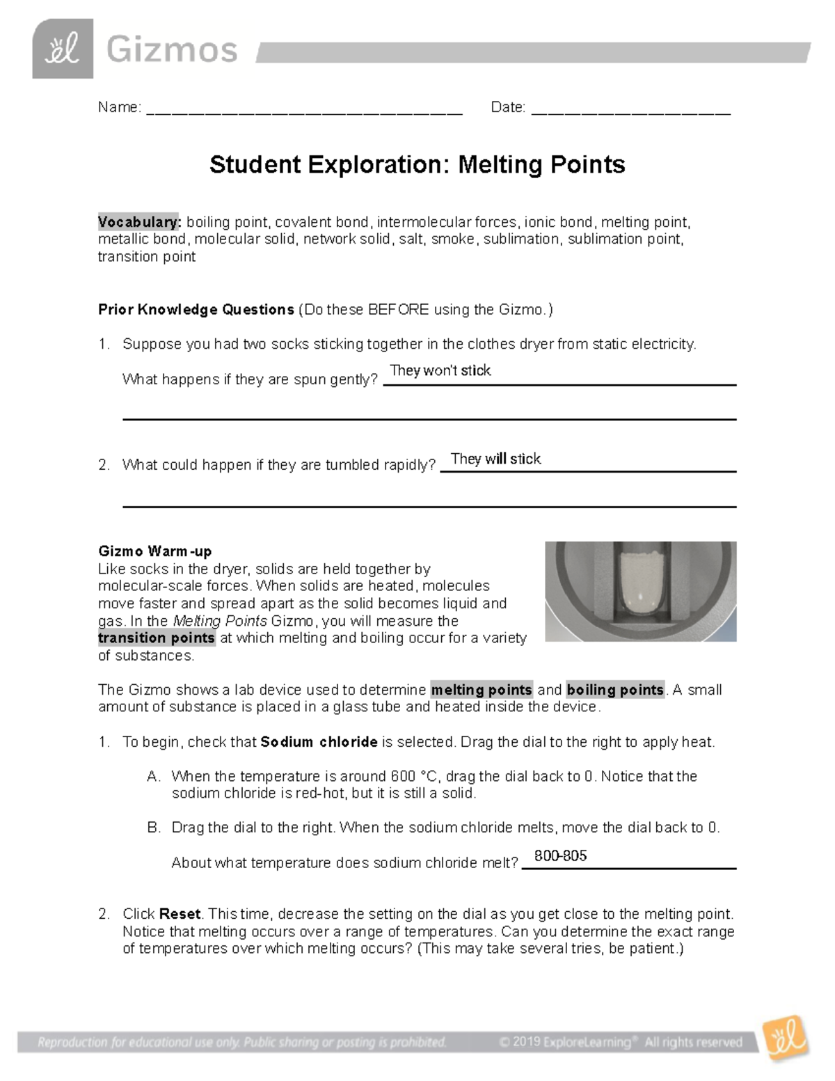 Melting Points SE - Student Exploration Answer Key & Data Collection ...