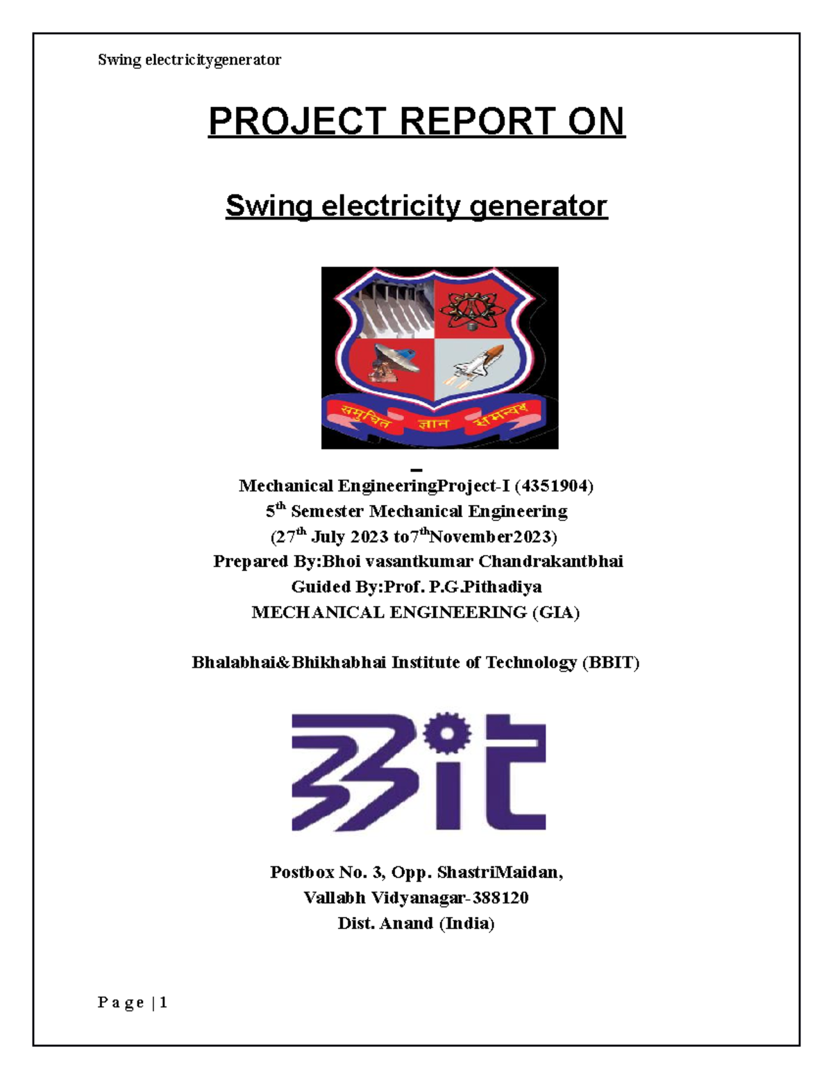 Project Report on Swing Electricity Generator - Mechanical Engg ...