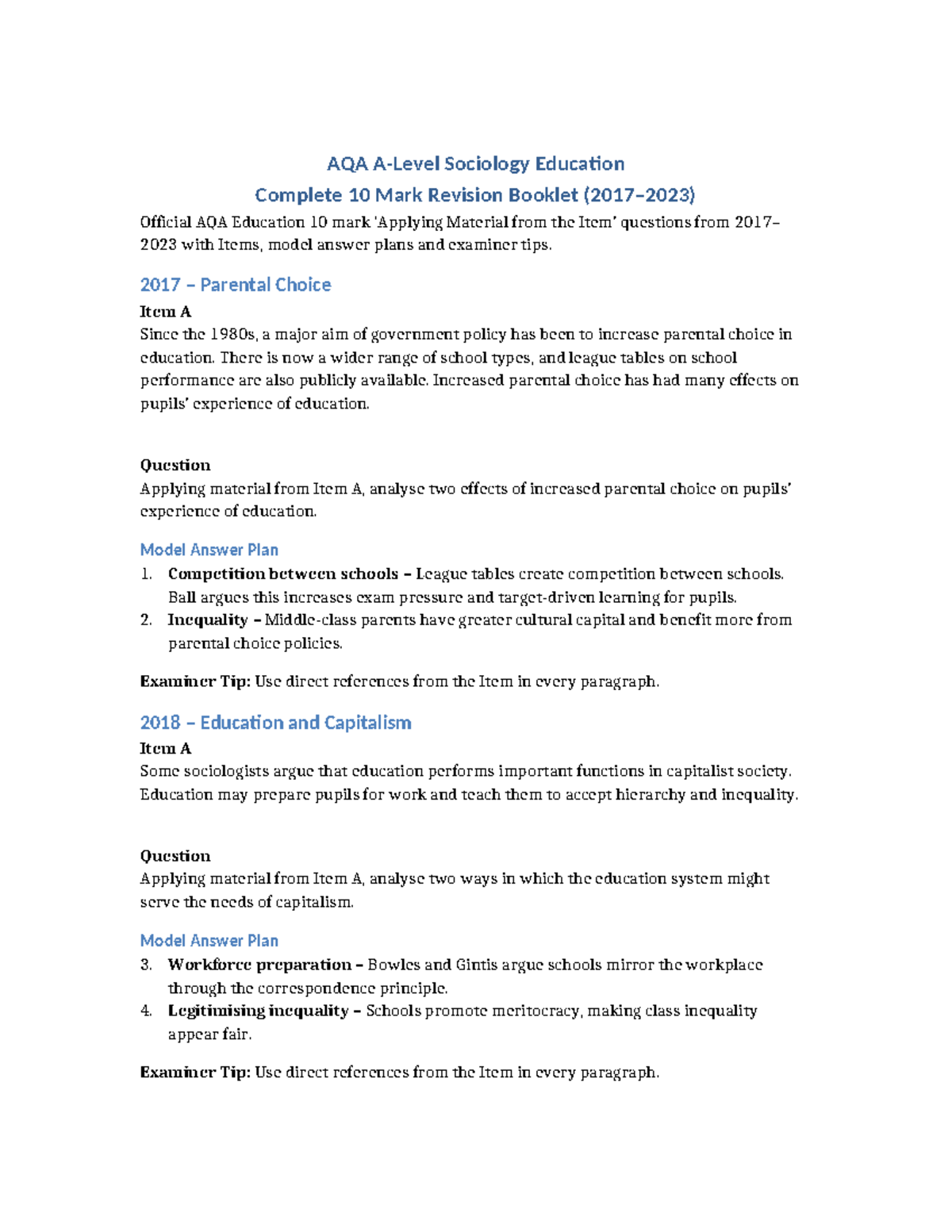 AQA Sociology Education 10 Mark Revision Guide (2017-2023) - Studocu