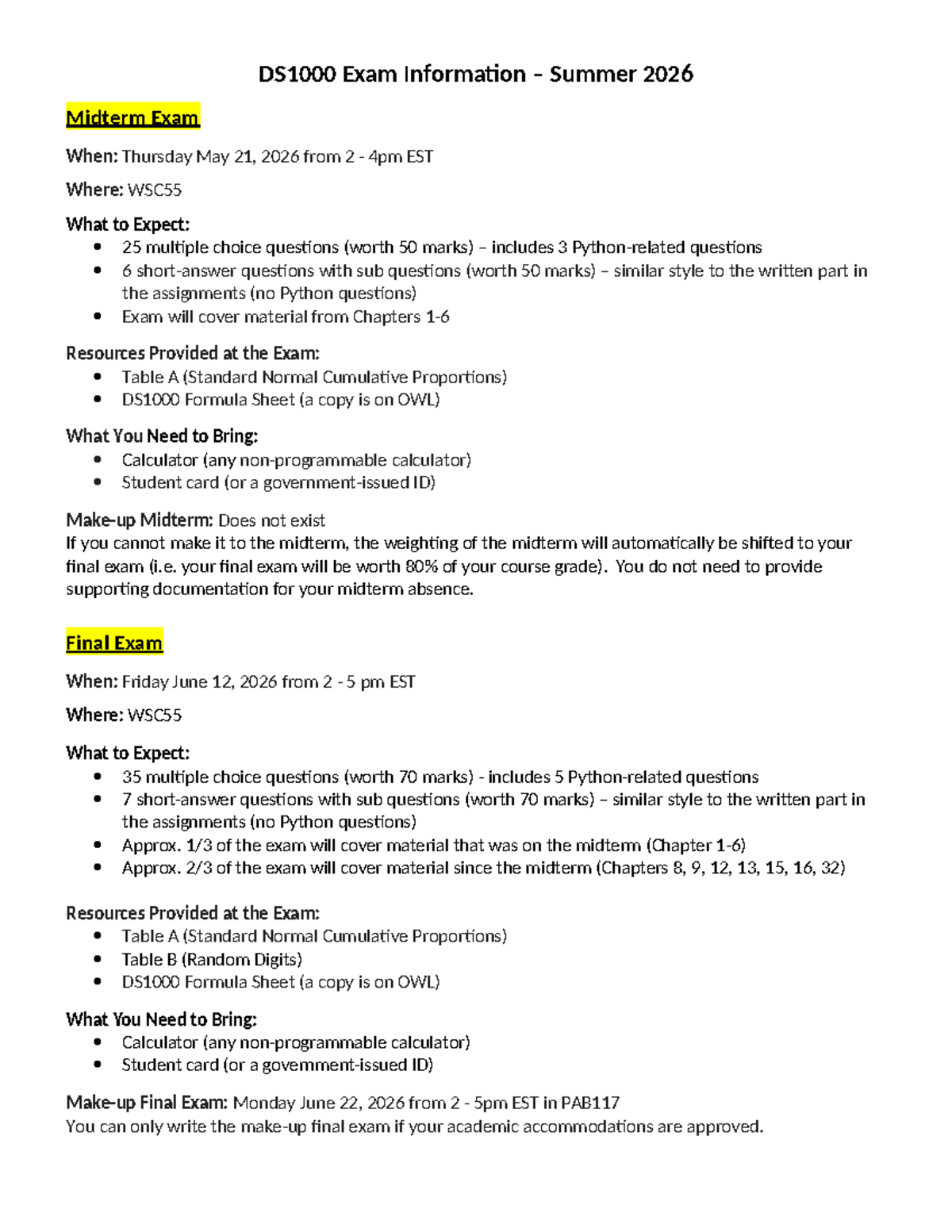 Exam Info for DS1000: Summer 2026 Midterm & Final Exam Details - Studocu