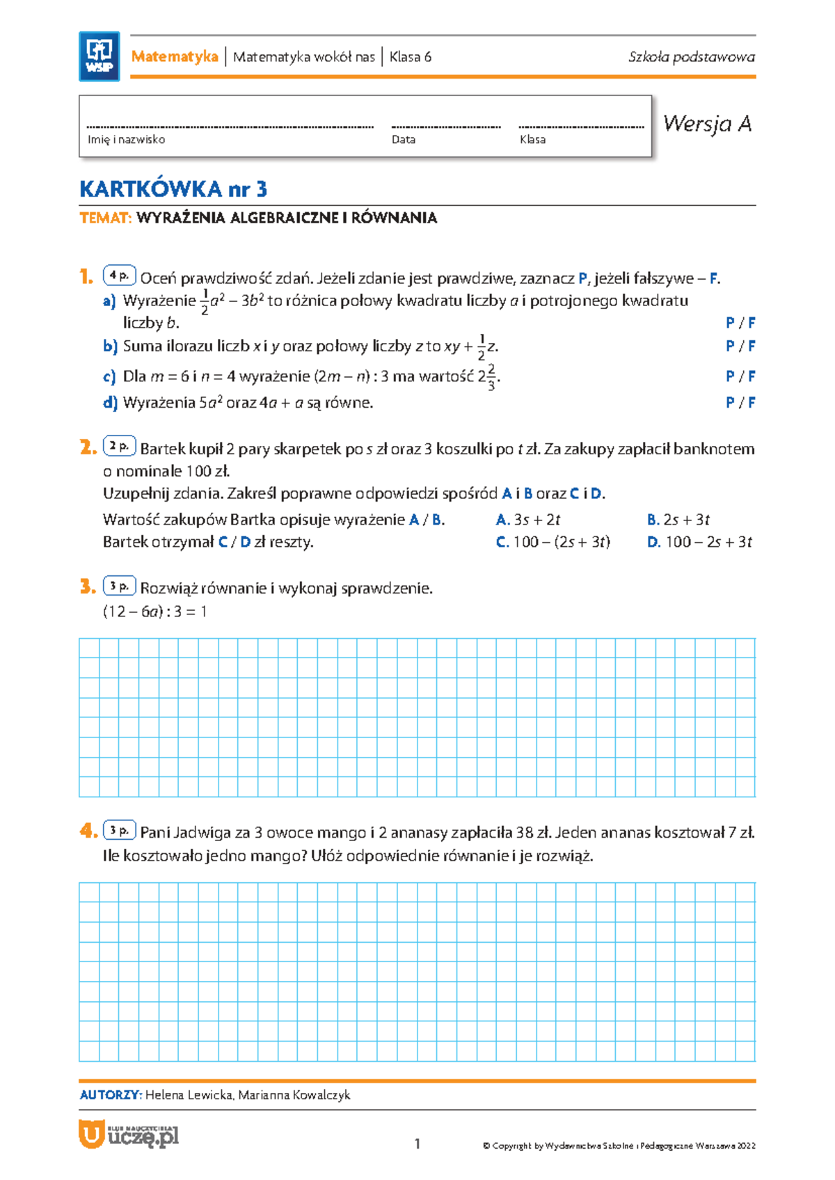 Mat SP 4 8 Matematyka w Nas Klasa 6 Kartkówka 3: Wyrażenia Algebraiczne ...