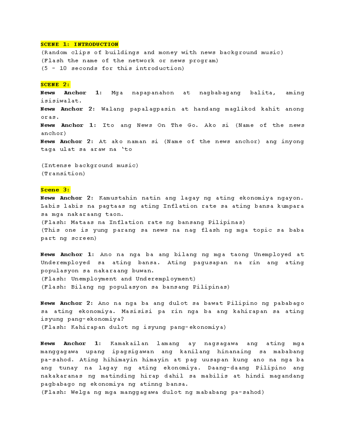 Script News Reporting - Pang-Ekonomiya - SCENE 1: INTRODUCTION (Random ...