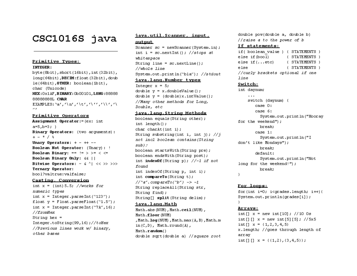 CSC1016S Final Exam Notes on Java Coding Concepts - Studocu