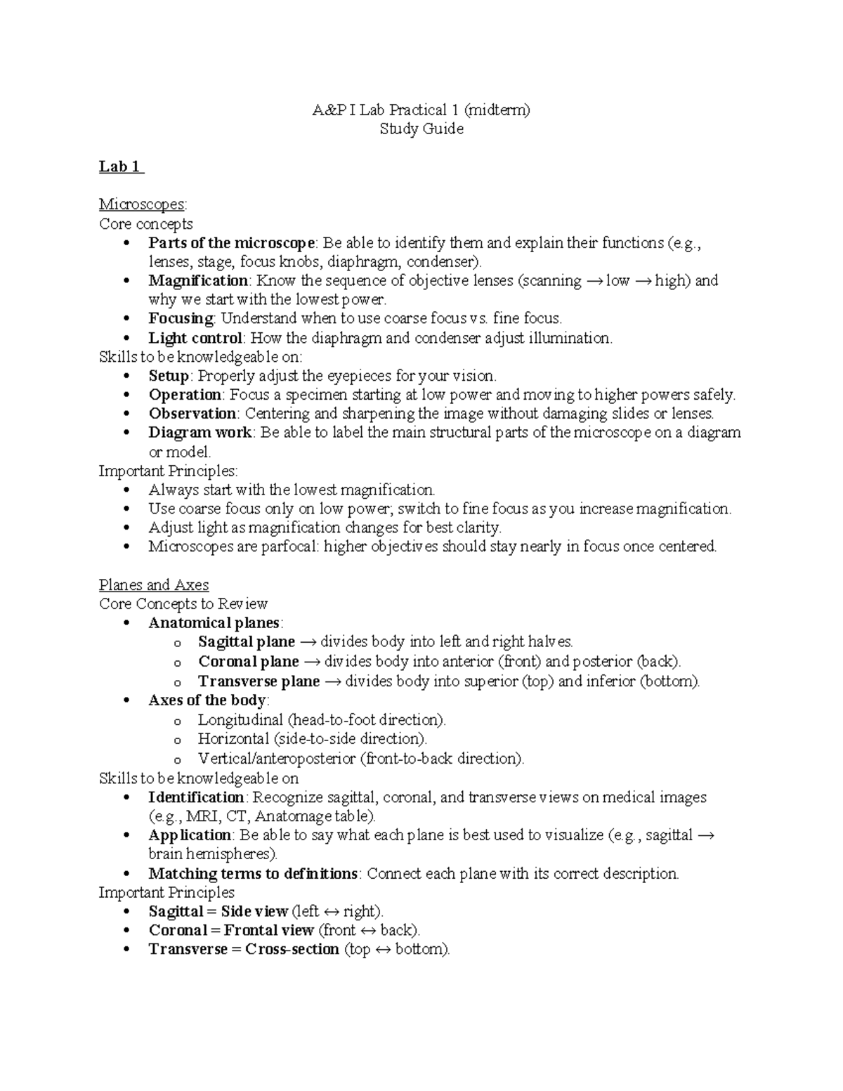 A&P I Lab Practical Study Guide (Midterm) - Microscopes & Tissues - Studocu