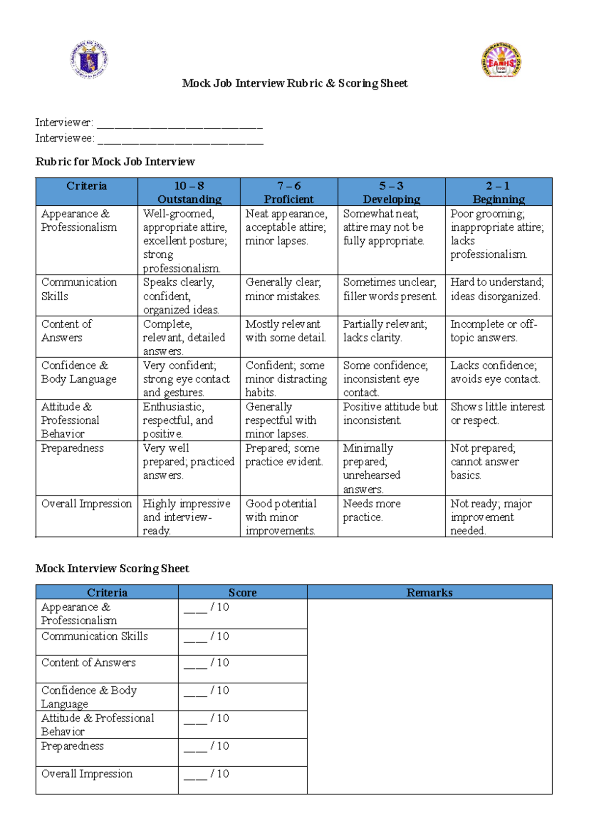 Mock Job Interview Rubric (Scoring Sheet) - Studocu