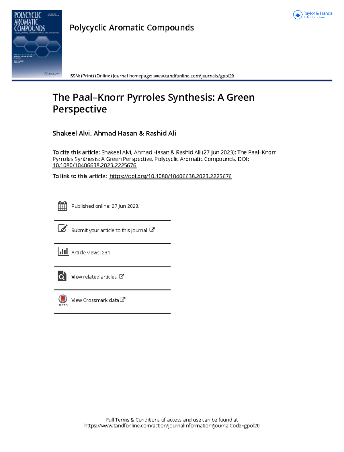 The Paal Knorr Pyrroles Synthesis A Green Perspective - Full Terms ...