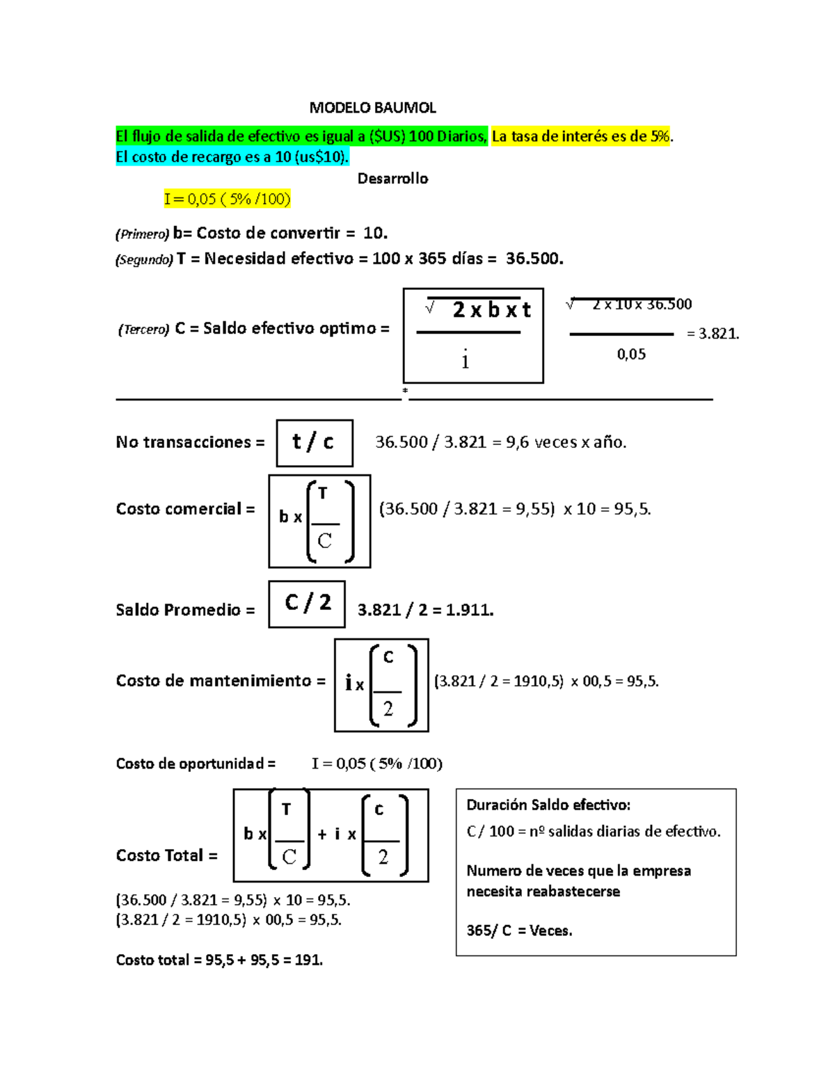 Ejercicio Resuelto del Modelo de Baumol: Flux y Costo Efectivo - Studocu