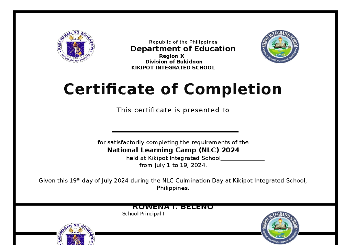 NLC 2024 Certificate of Completion - Kikipot Integrated School - Studocu