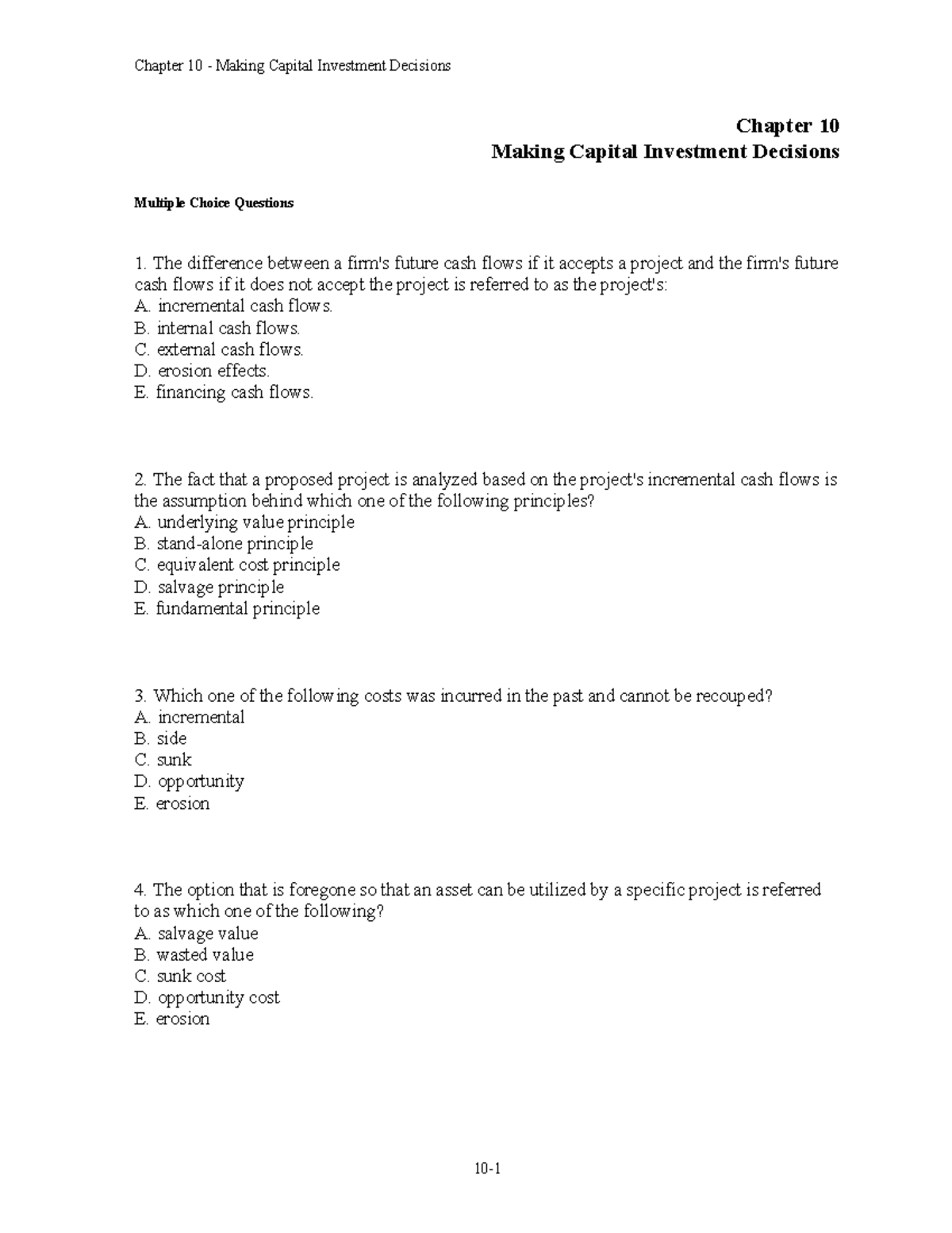Chap010 - Making Capital Investment Decisions - Finance Quiz - Studocu