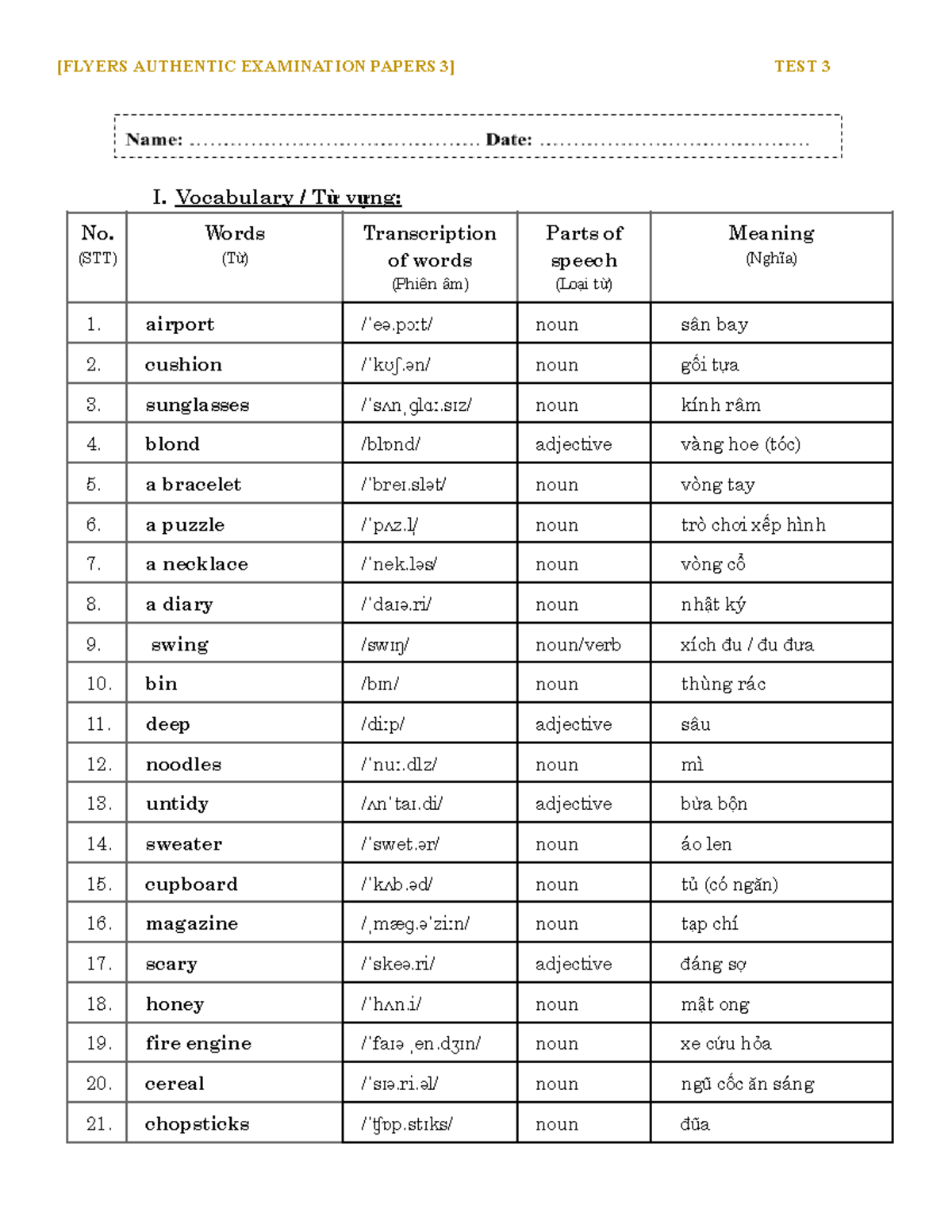 FLYERS 3: Authentic Examination Papers - Vocabulary Test 3 - Studocu
