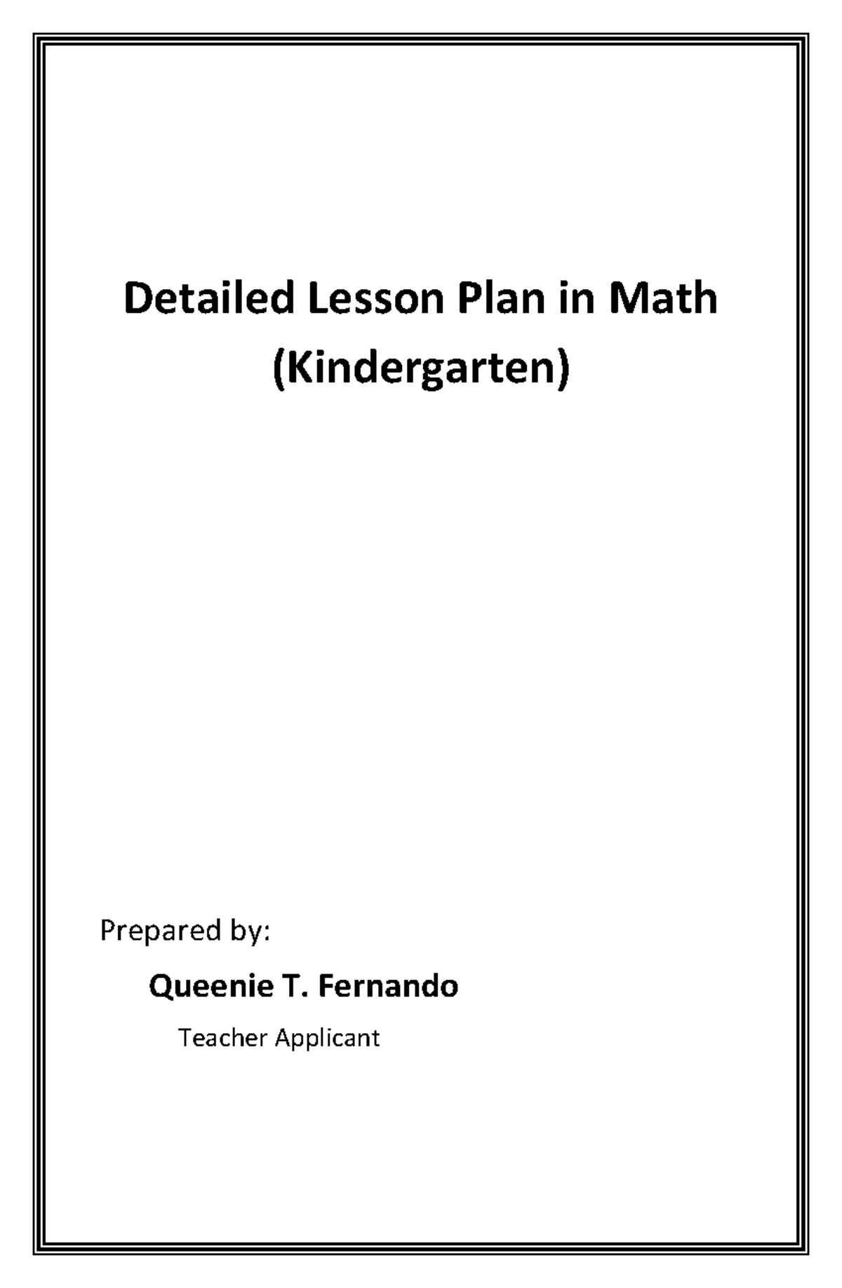 KINDERGARTEN Math Lesson Plan: Counting & One-Digit Addition - Studocu