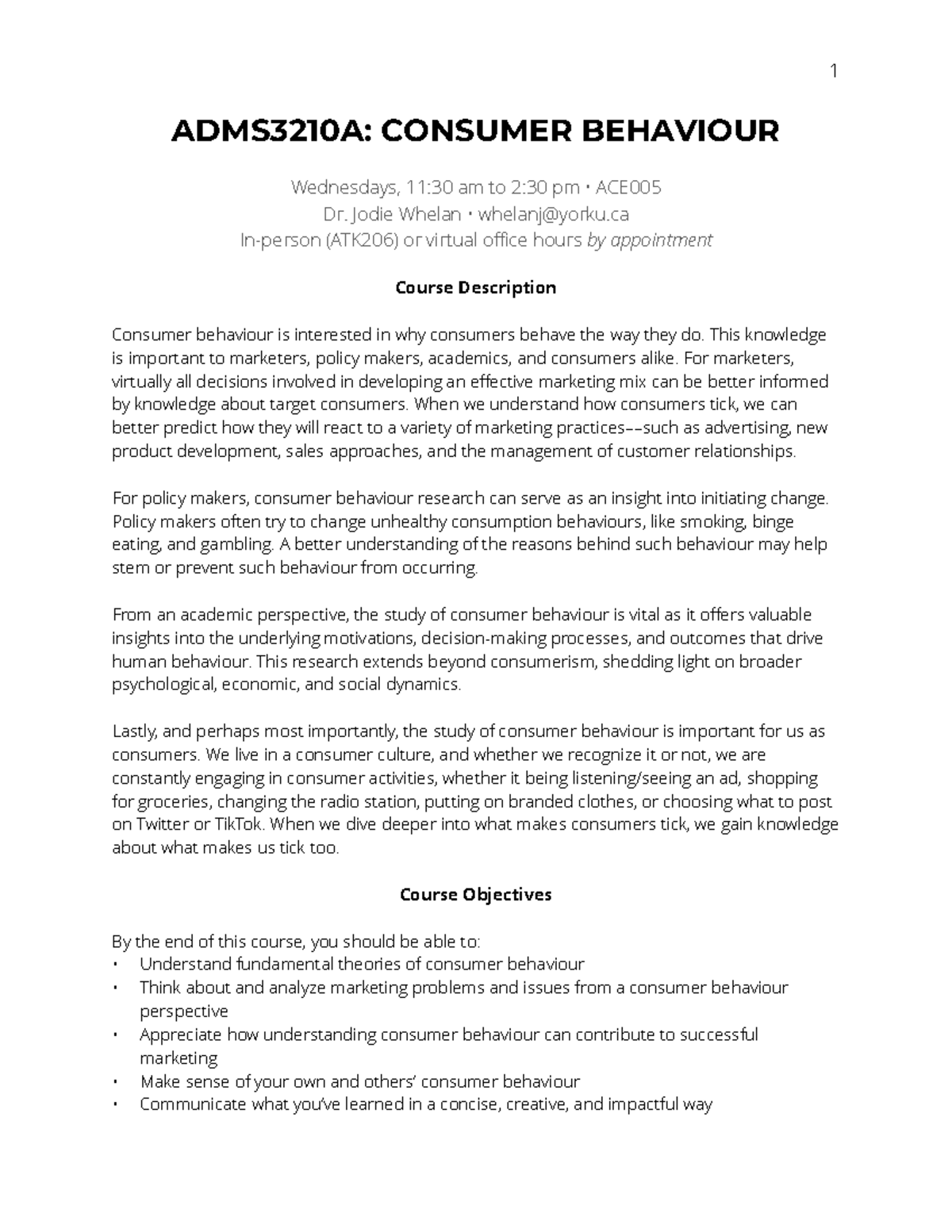 ADMS3210A: Consumer Behaviour Course Outline and Syllabus - Studocu