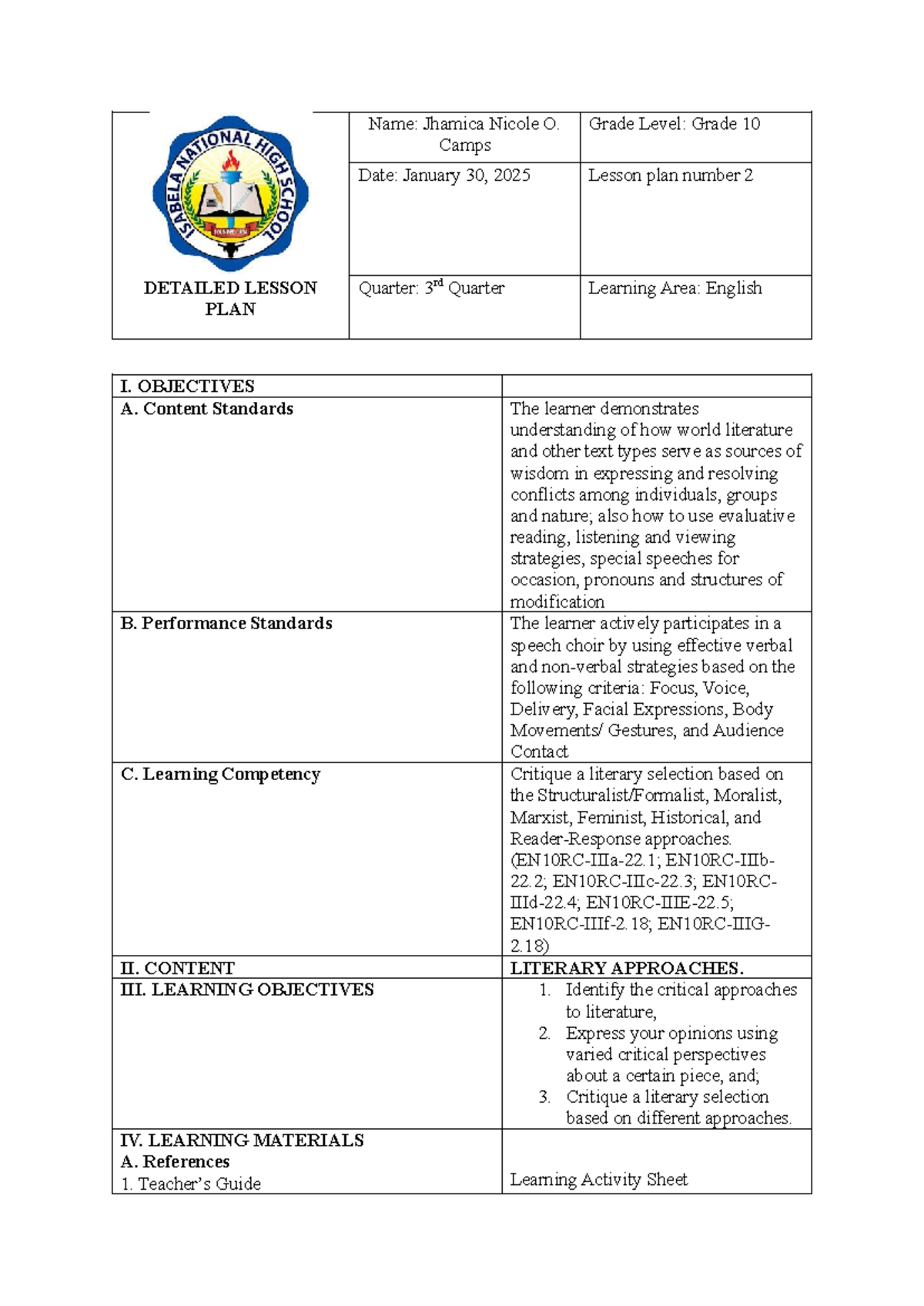 Grade 10 English Lesson Plan: Literary Approaches & Critique - Studocu