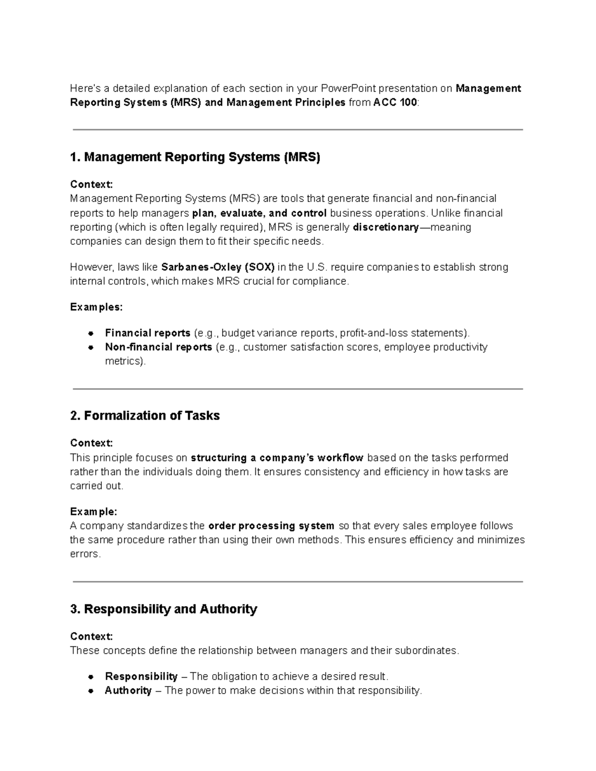 ACC 100: Management Reporting Systems & Principles Overview Notes - Studocu