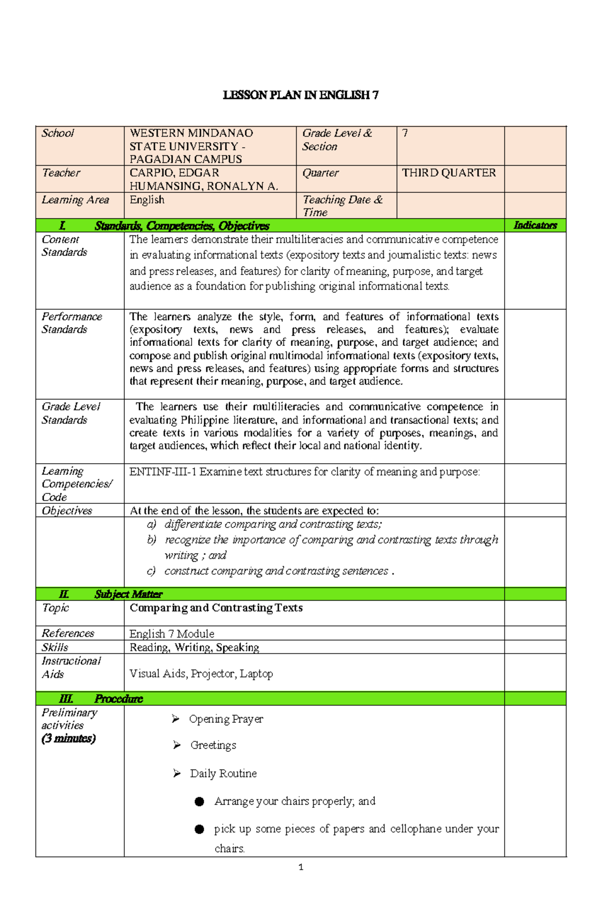 Comparing and Contrasting Texts - LP 1 for English 7 Lesson Plan - Studocu