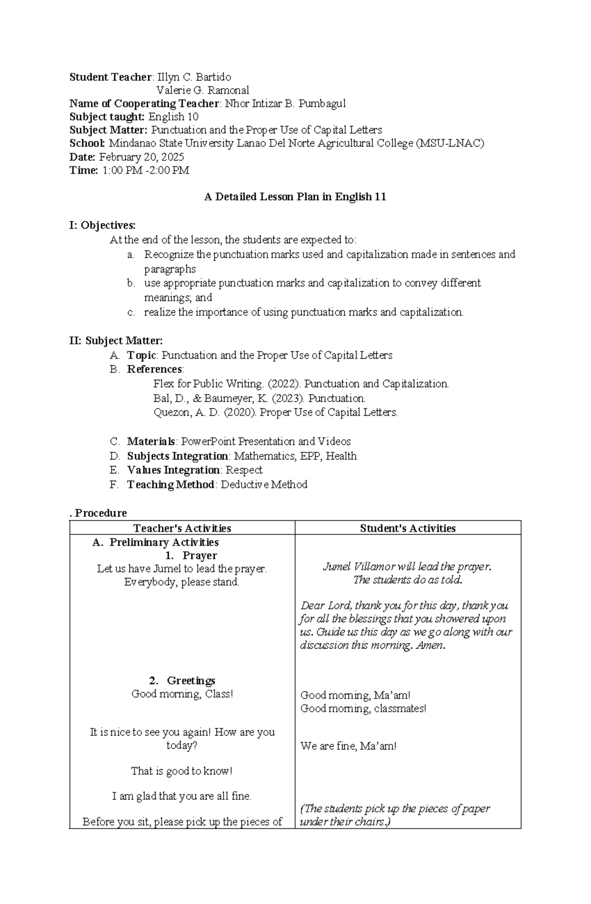 LP-ENG11: Detailed Lesson Plan on Punctuation & Capitalization - Studocu