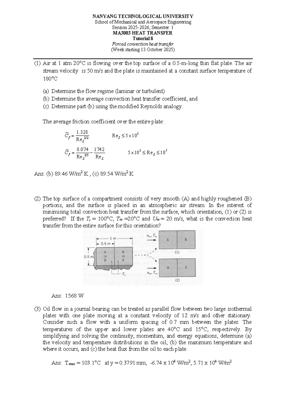 MA3003 Heat Transfer Tutorial 8: Forced Convection Analysis (2025 ...