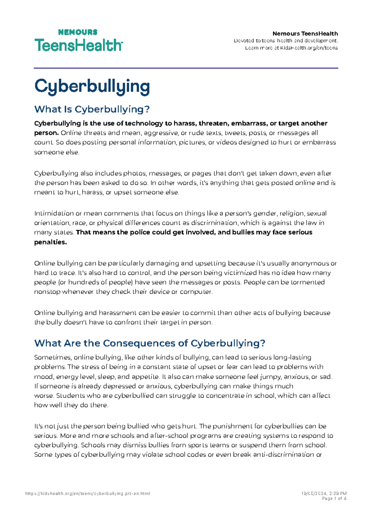 Cyberbullying (for Teens) — Print Version - Nemours Kids Health ...
